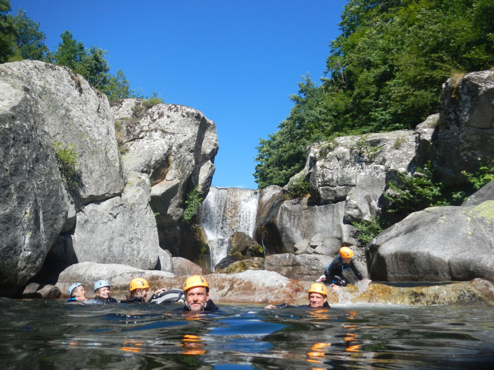 Canyoning without ropes of the Dourbie Gorges, near Millau in the south ...